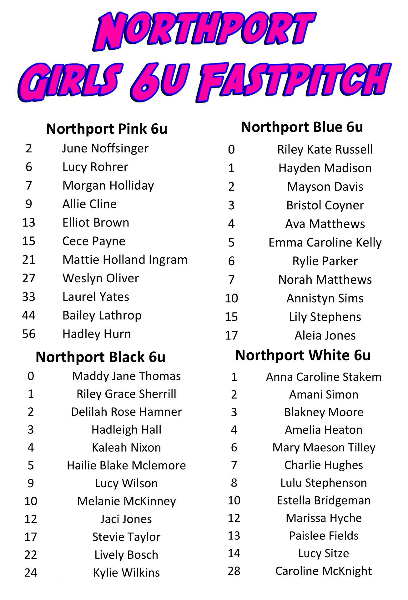 Team Rosters – 2024 Spring Ball – Northport Fastpitch