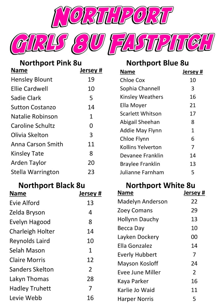 Team Rosters – 2024 Spring Ball – Northport Fastpitch